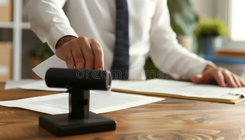 Notary Stamping Document at Wooden Table in Office, Closeup Stock Photo ...