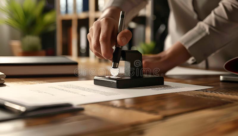 Notary Stamping Document at Wooden Table in Office, Closeup Stock Photo ...