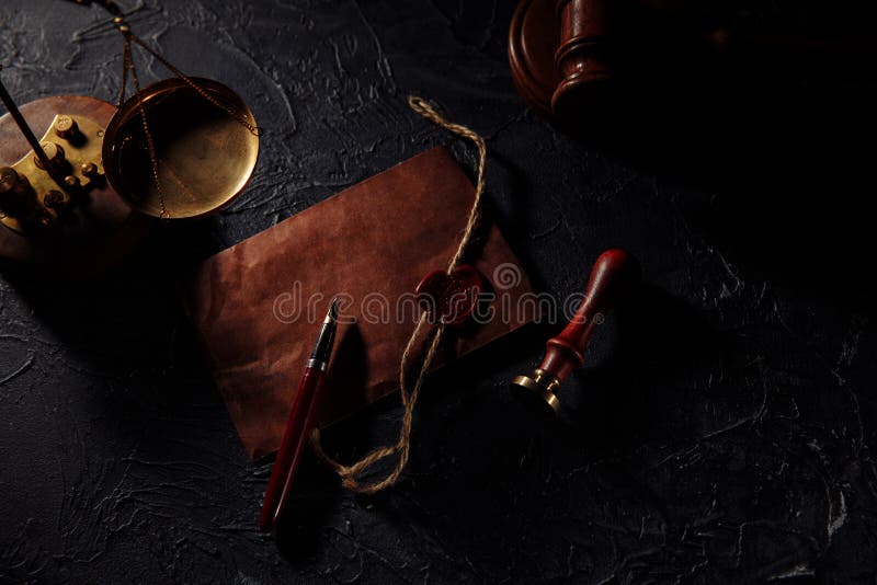 Notary Tools. Scales of Justice, Envelope and Wooden Gavel Stock Photo ...