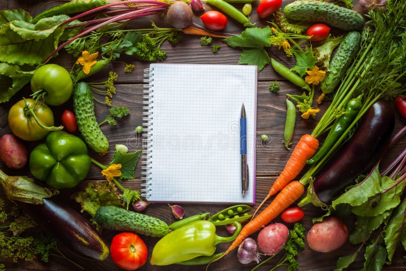 Note Book and Composition of Vegetables on Wooden Desk Stock Photo ...