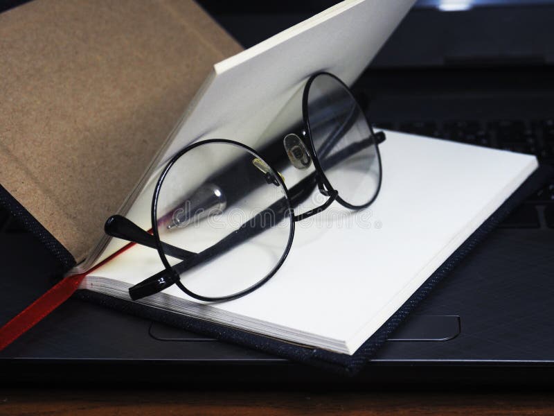 Note Book with Empty Paper Pen and Glasses Creat Work Stock Photo ...