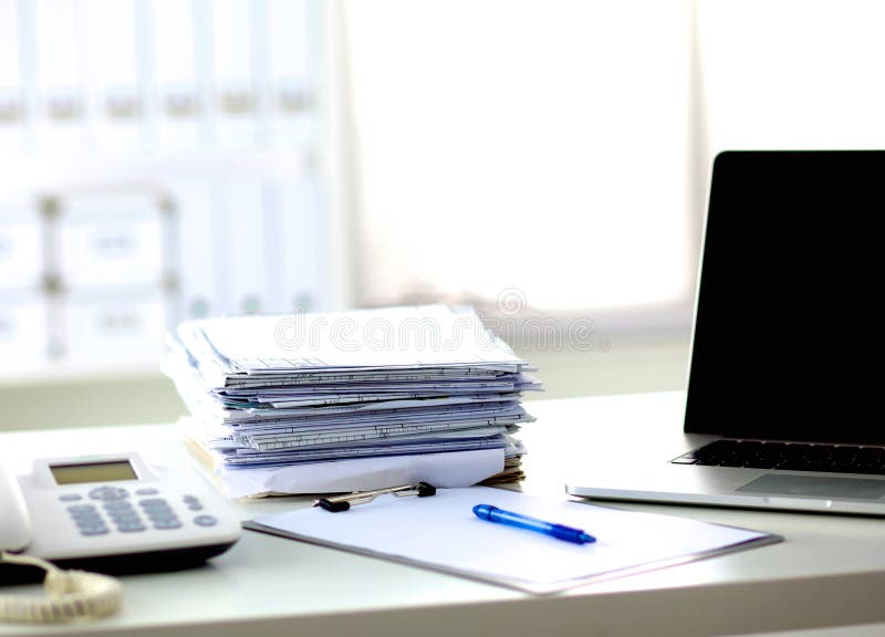 Office Desk a Stack of Computer Paper Reports Work Stock Photo - Image ...