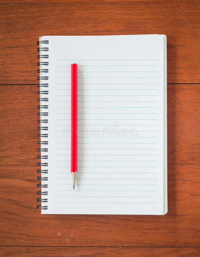 Note Book with a Red Pencil on Wood Table. Stock Image - Image of page ...