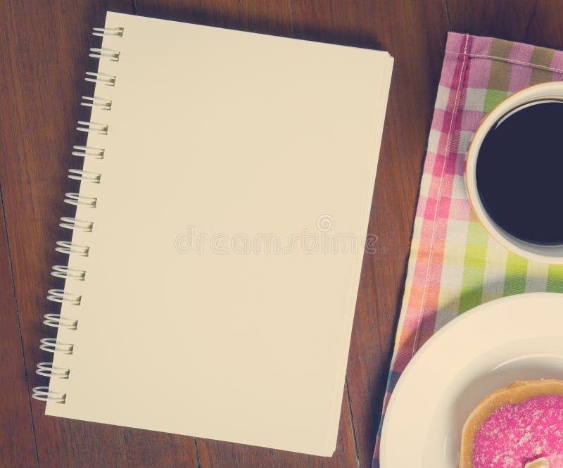 Note Book on Table with Donut and Coffeeein Stock Image - Image of ring ...