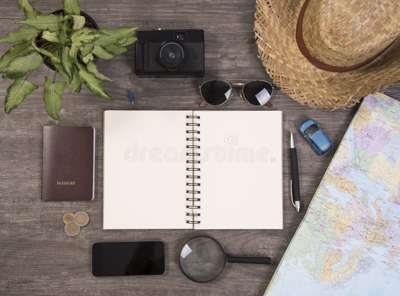 Note Book and World Map for Planning Vacation with Other Travel Stock ...
