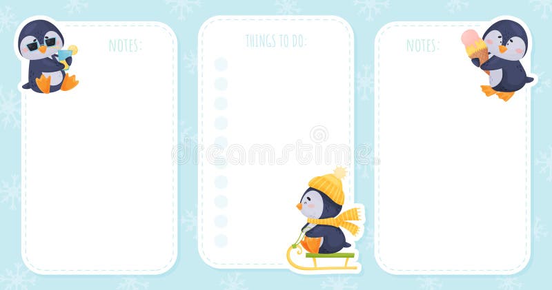 Note Card with Cute Penguin Character Vector Template Stock ...