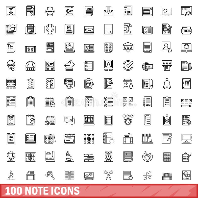 100 Note Icons Set, Outline Style Stock Vector - Illustration of object ...