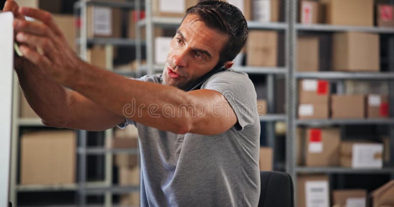 Note, Logistics and Phone Call with Man in Warehouse for Communication ...