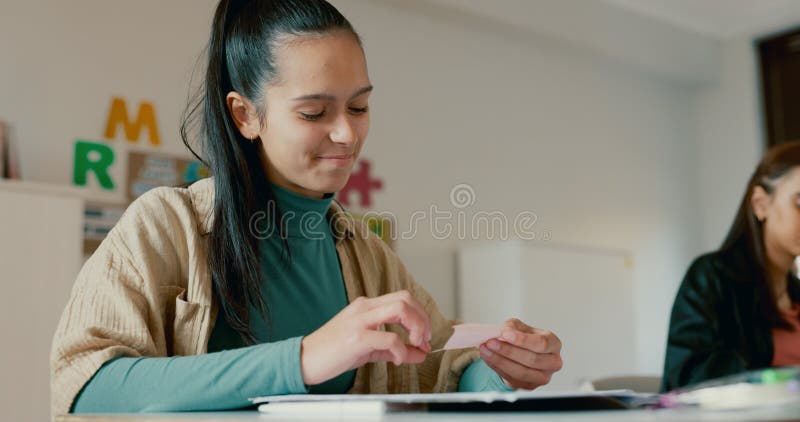 Note, Message and Education with Girl in Classroom for Learning, Secret ...