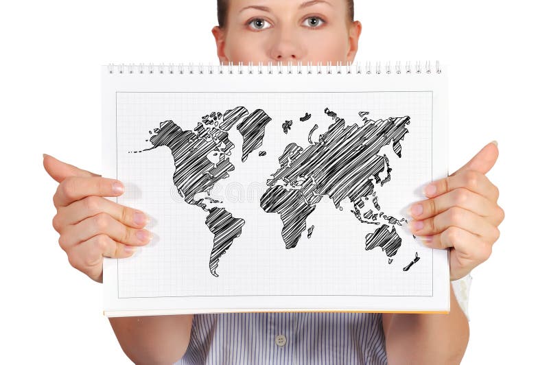 Note pad with world map stock photo. Image of hand, holding - 32276188