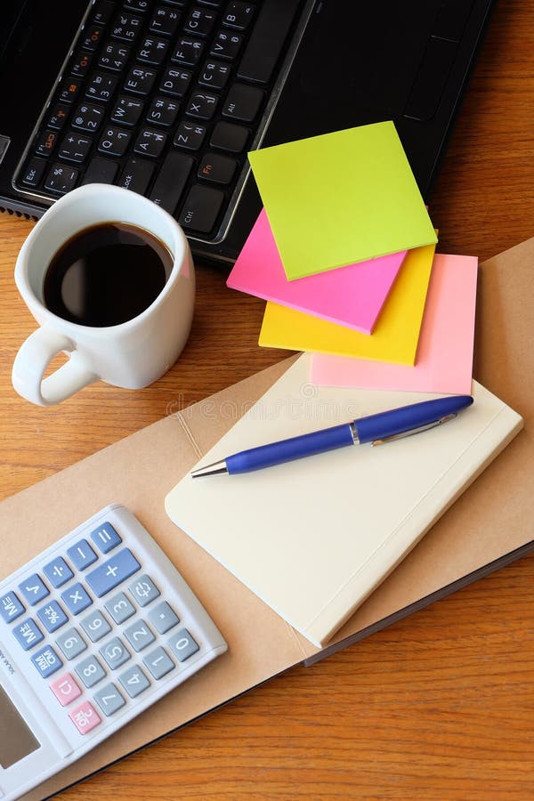 Note paper and laptop stock image. Image of book, calculator - 97420349