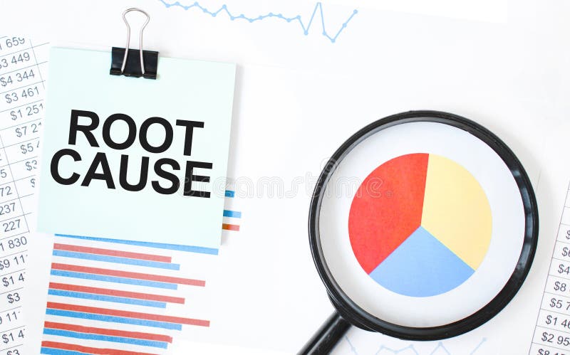 Note Paper with ROOT CAUSE Text and Magnifying Glass Over Pie Chart ...