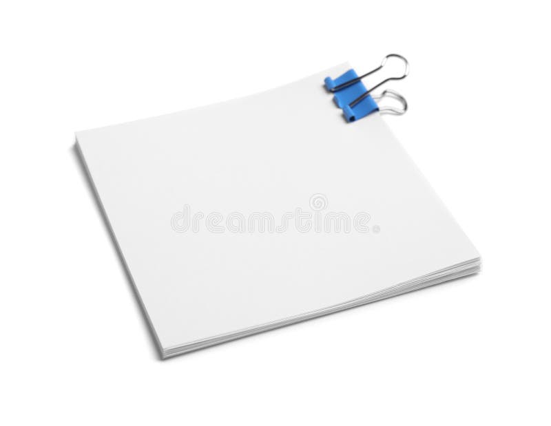 Note Paper Sheets with Blue Clip Isolated White Stock Photo - Image of ...