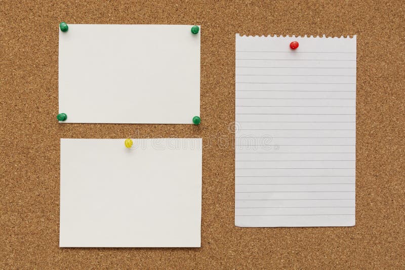 Note Paper Swith Push Pins on Cork Board. Empty Paper Pages for Notes ...