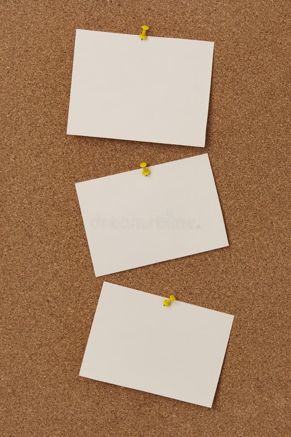 Note Paper Swith Push Pins on Cork Board. Empty Paper Pages for Notes ...