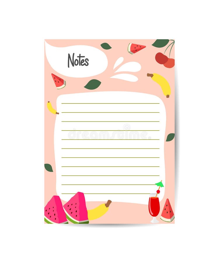 Note Printable Template Vector with Fruit Illustration. Blank White ...
