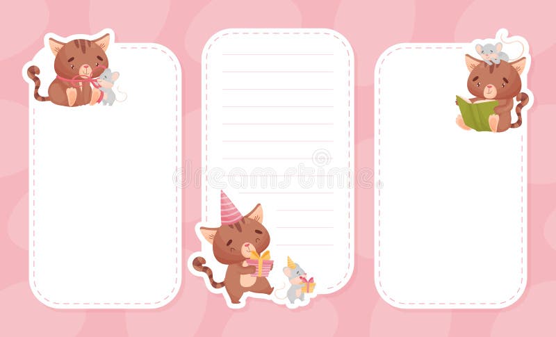 Note and Reminder Card with Cute Friendly Cat and Mouse Vector Template ...