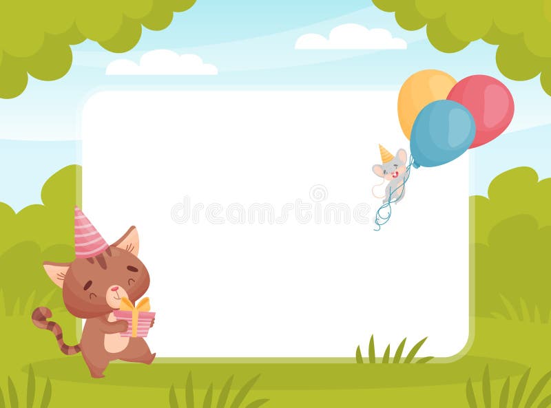 Note and Reminder Card with Cute Friendly Cat and Mouse Vector Template ...