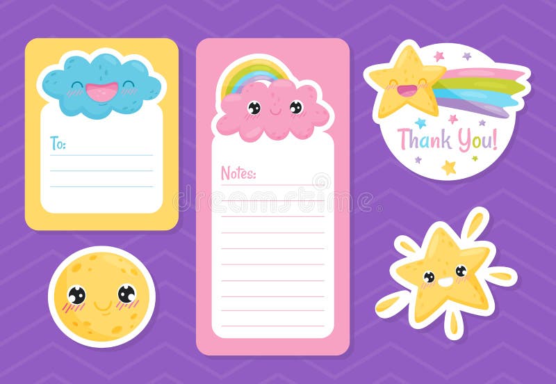 Note Sheet Page with Cute Sun, Cloud and Star Vector Template Stock ...