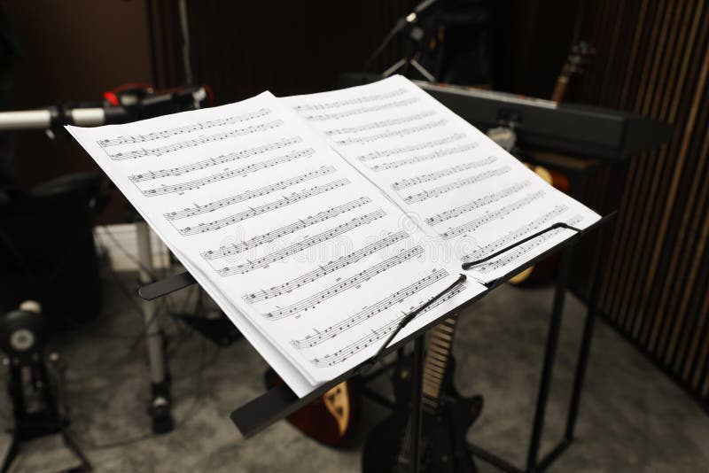 Note Stand with Music Sheets at Recording Studio. Band Practice Stock ...