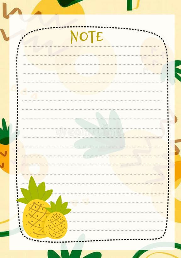 Note Writing Paper with Pineapple Fruit Frame Pattern Template Graphic Design Background ...