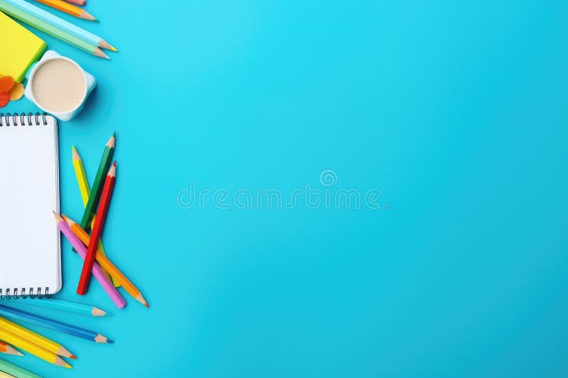 A Notebook Alongside Colored Pencils Resting on a Solid Blue Background ...