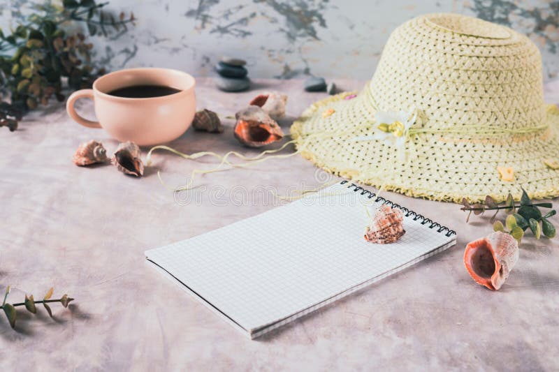 Notebook Beach Hat Shells Stones Table Stock Photos - Free & Royalty ...