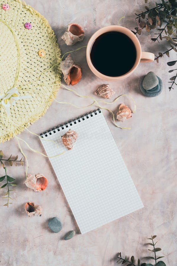 Notebook, Beach Hat, Shells and Stones on the Table Top and Vertical ...