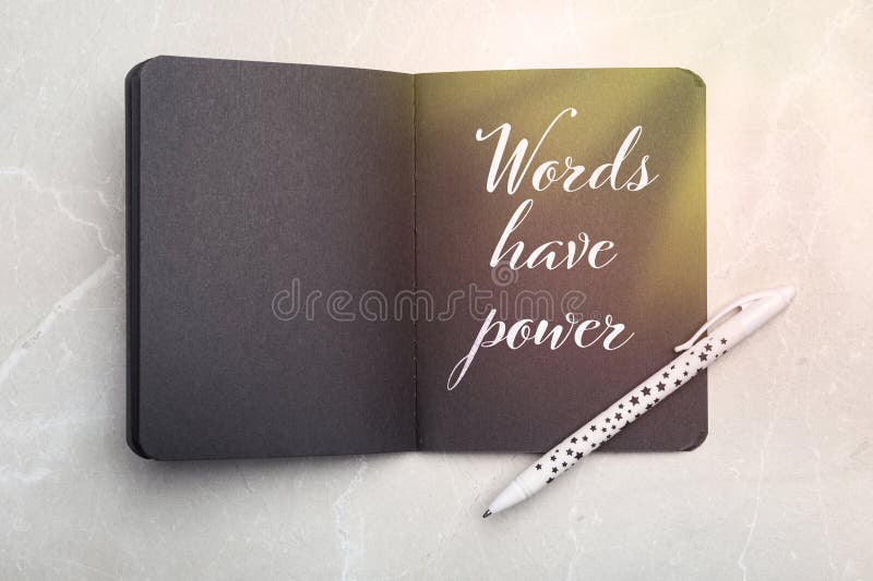 Notebook with Black Pages and Phrase Words Have Power on Light Grey ...