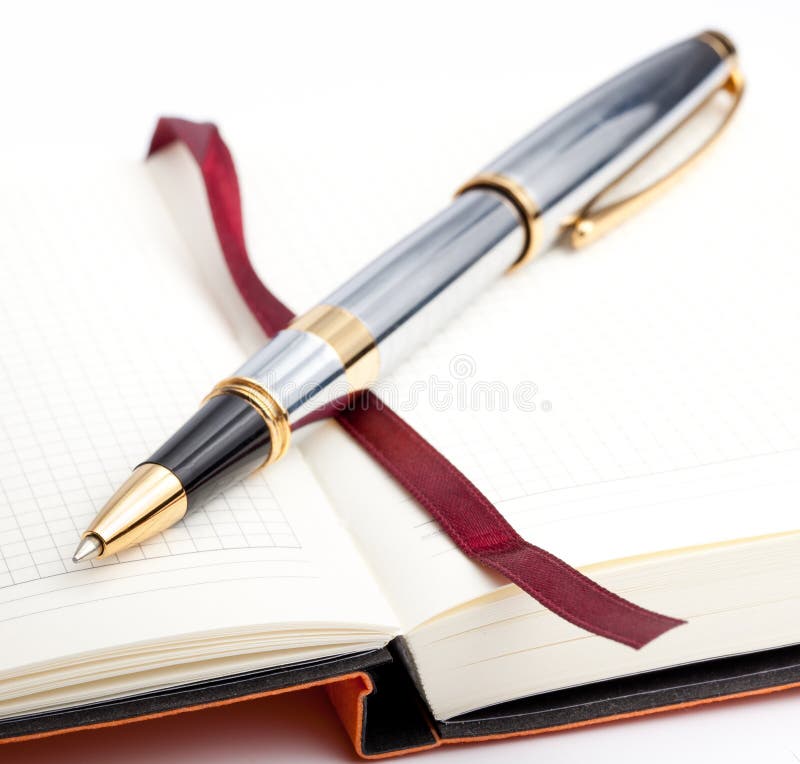 Notebook with Red Bookmark and Pencil Stock Image - Image of white ...