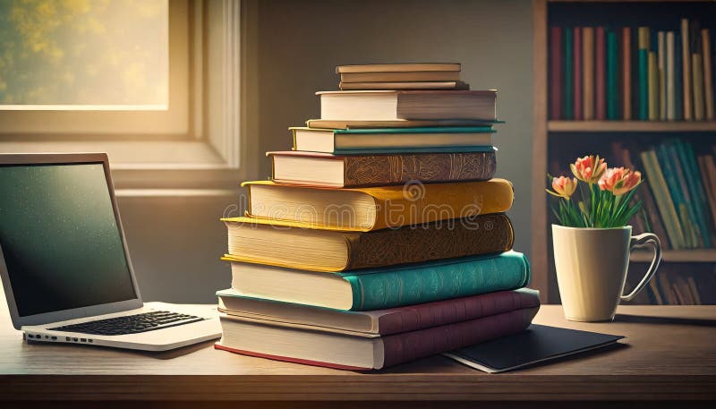 Notebook with Books in Library on Study Table by Window Stock ...