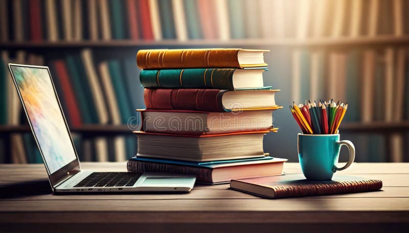 Notebook with Books in Library on Study Table by Window Stock ...