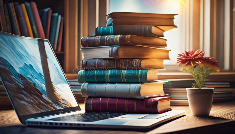 Notebook with Books in Library on Study Table by Window Stock ...