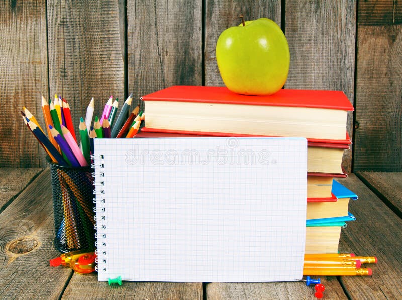 Notebook, School Accessories on Rumpled Paper. Stock Image - Image of ...