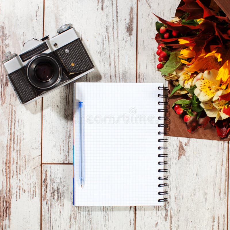 Notebook, Camera with Pen for Planning Stock Image - Image of paperwork ...