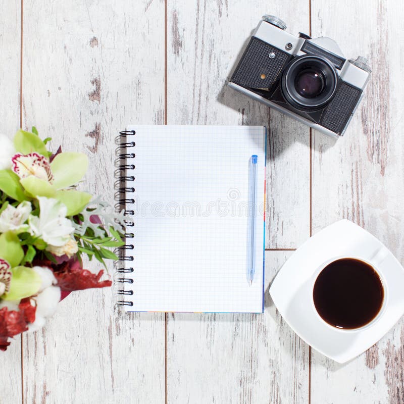 Notebook, Camera with Pen for Planning Stock Photo - Image of element ...