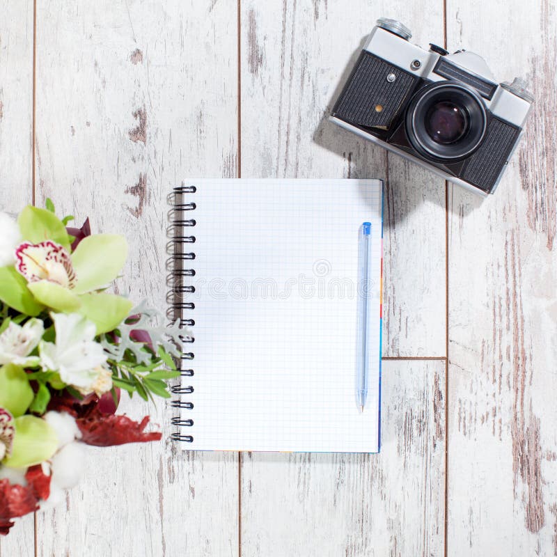 Notebook, Camera with Pen for Planning Stock Photo - Image of education ...