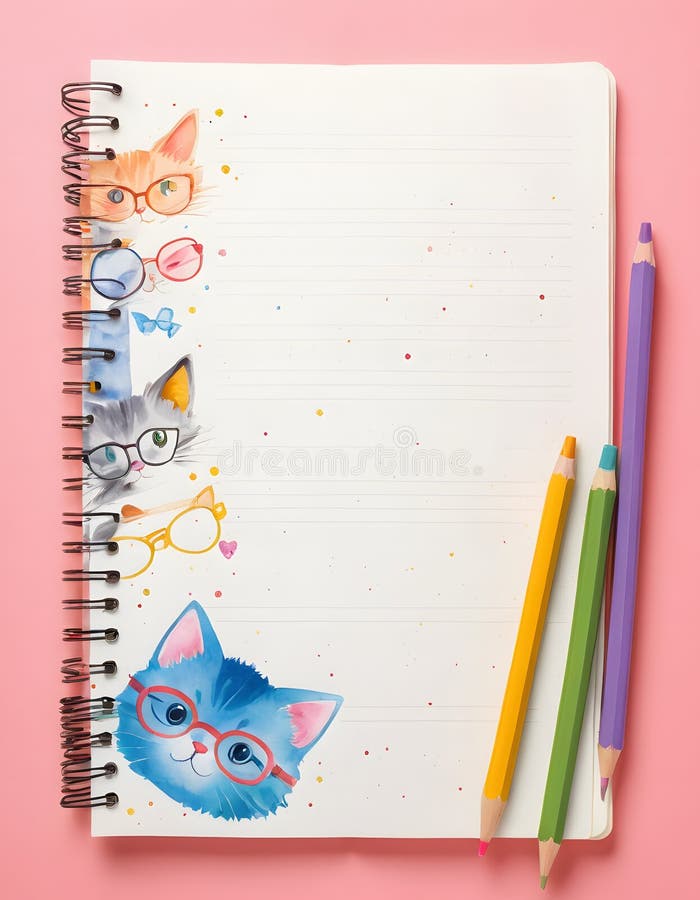 A Notebook with Cats Wearing Glasses and Pencils on a Pink Background ...