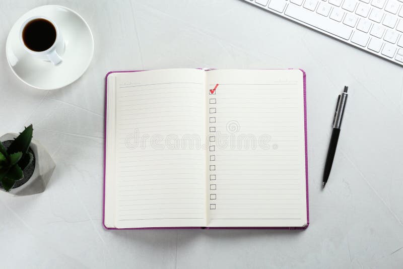 Notebook with Checkboxes, Cup of Coffee and Plant on White Table, Flat ...