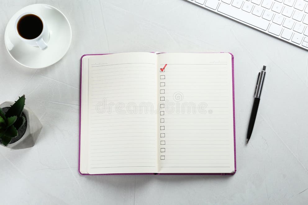 Notebook with Checkboxes, Cup of Coffee and Plant on White Table, Flat ...