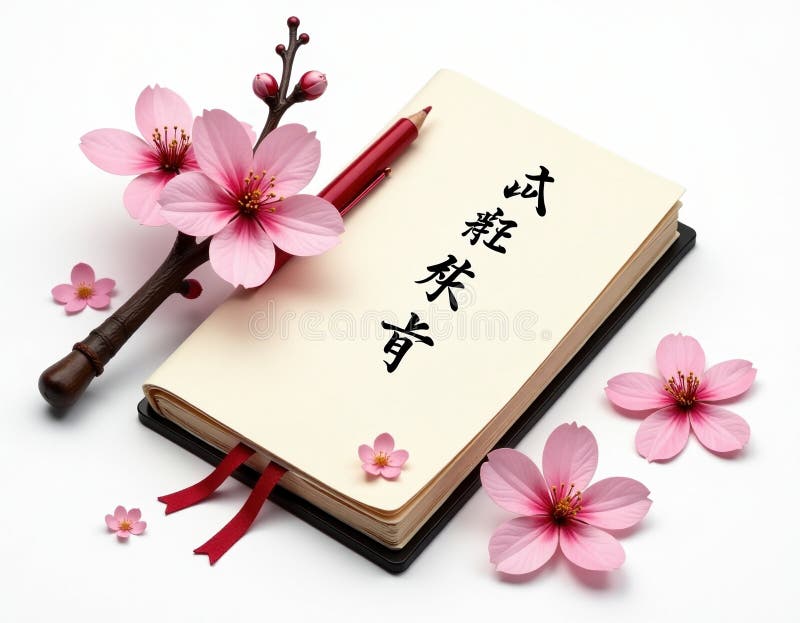 Notebook with Cherry Blossoms and Japanese Calligraphy Stock ...