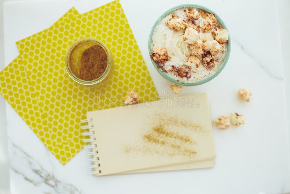 Notebook and Coffee with Chocolate Popcorn. Creative Concept Stock ...