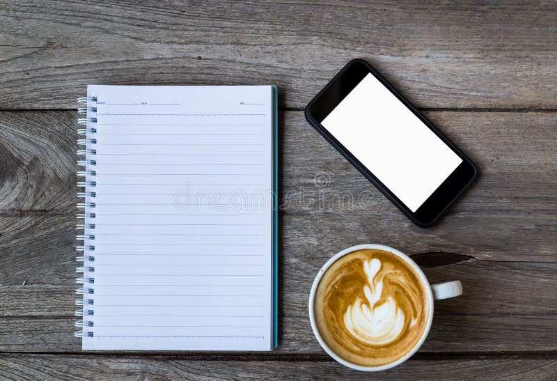Notebook Coffee and Smartphone on Wood Table Stock Photo - Image of ...