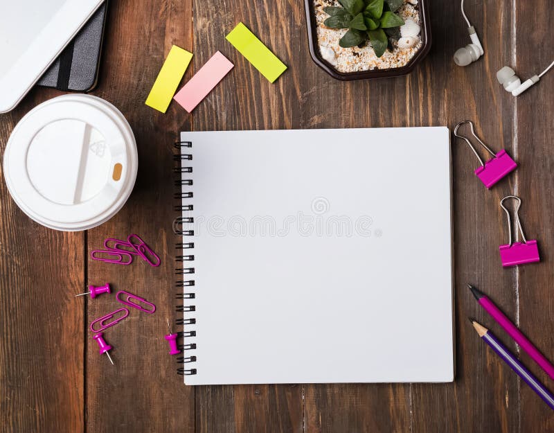 Notebook, Coffee and Stationery on the Wooden Table Stock Photo - Image ...