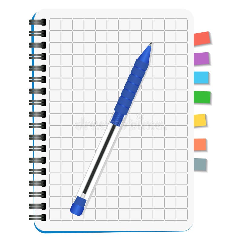 Notebook with Colored Bookmarks and Blue Pen Stock Vector ...