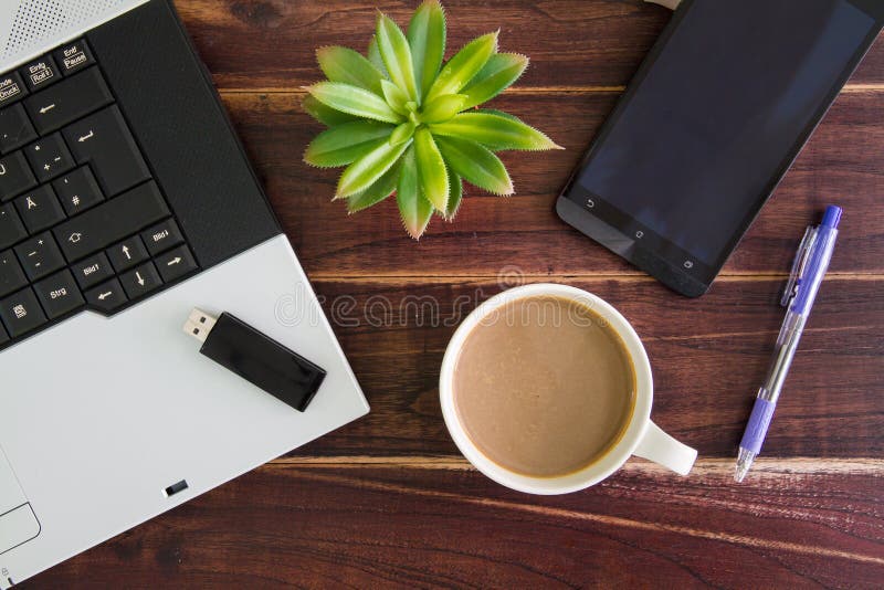 Notebook Computer on the Desk,USB Flash Drive Stick,coffee Cup Stock ...