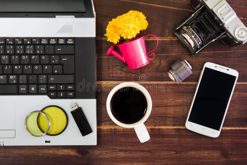 Notebook Computer on the Desk.USB Flash Drive Stick,coffee Cup,camera ...
