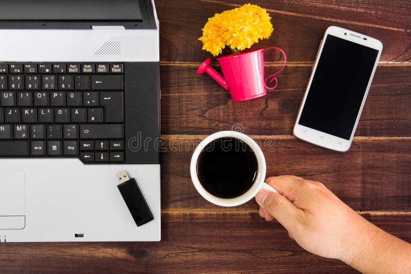 Notebook Computer on the Desk.USB Flash Drive Stick,coffee Cup ...