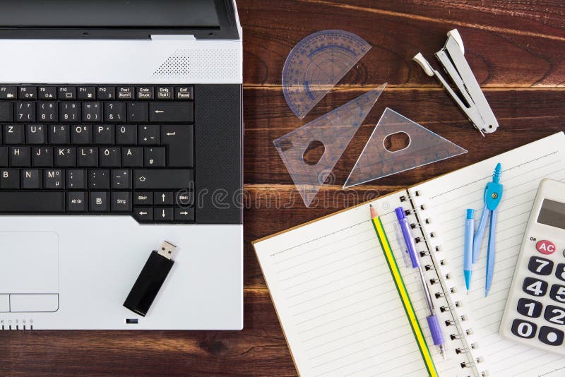 Notebook Computer on the Desk.USB Flash Drive Stick,paper Stock Image ...