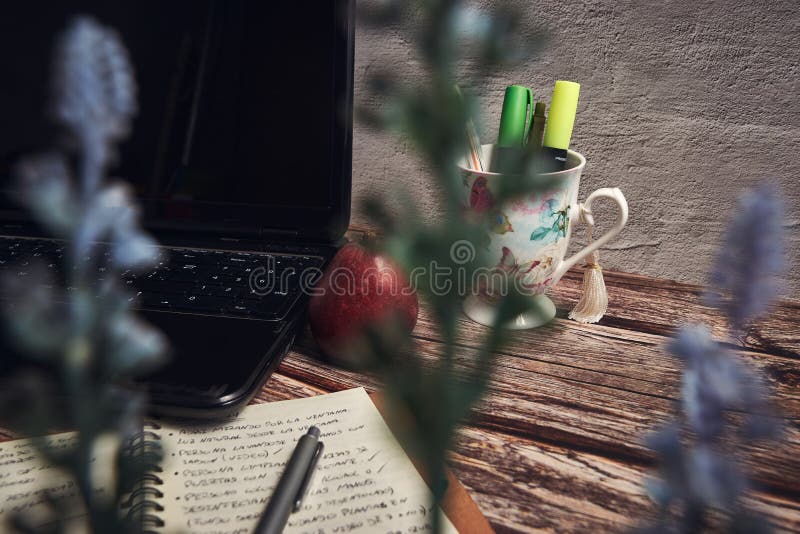 Notebook Computer Markers and Red Apple on the Wooden Table Stock Image ...